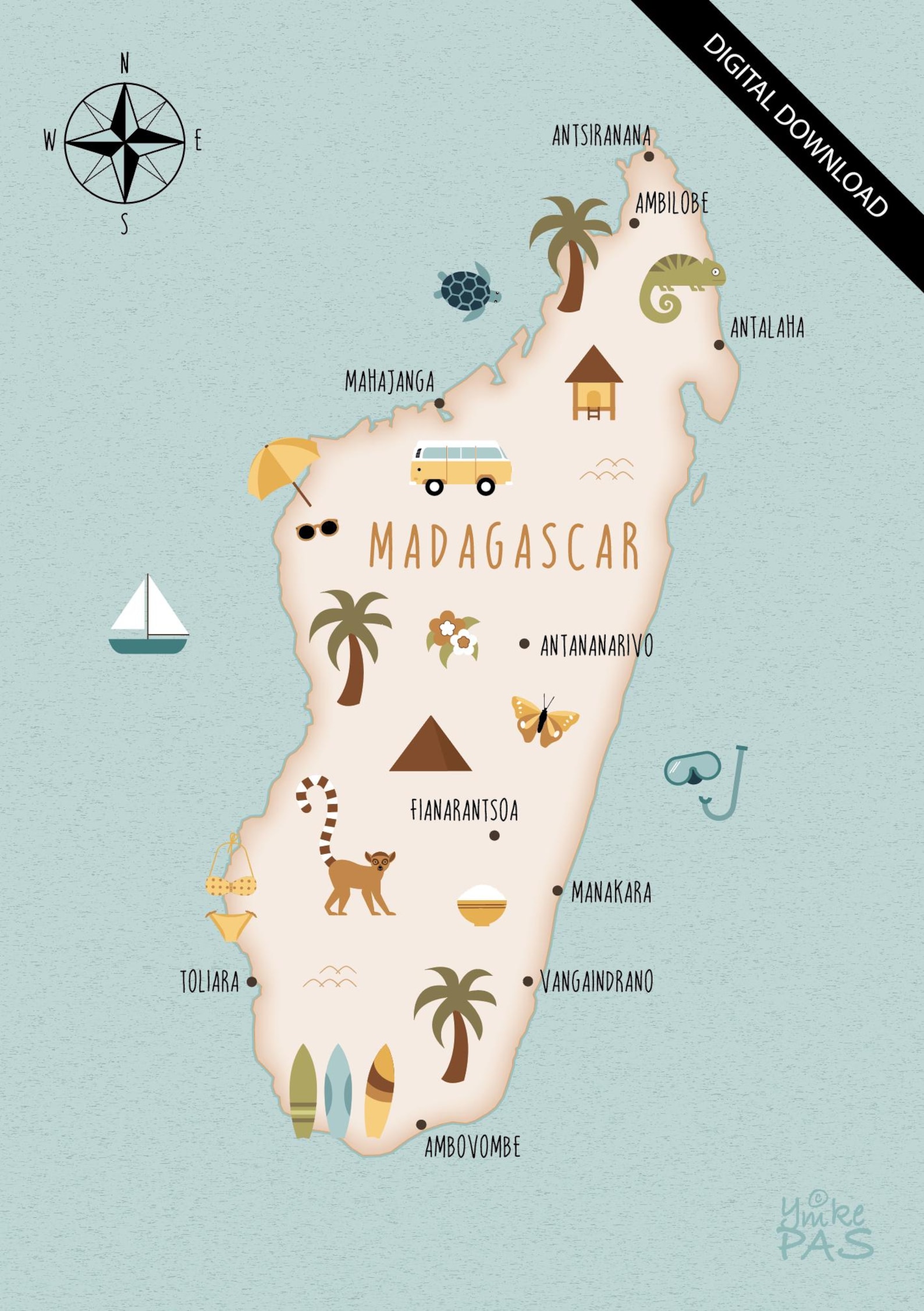 Illustrated Map of Madagascar Art Print Poster Travel Map Digital ...
