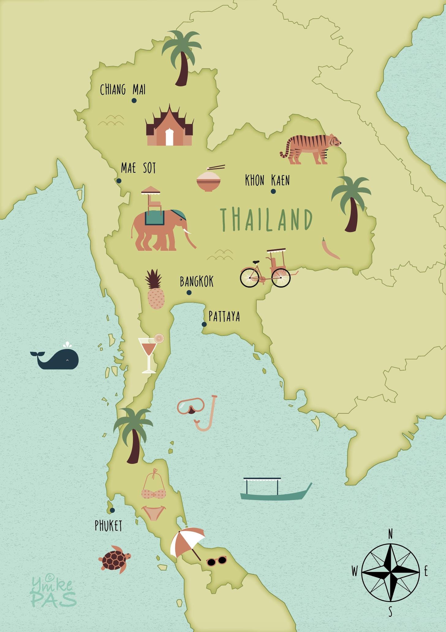 Illustrated Map of Thailand Art Print Poster Travel Map - Etsy