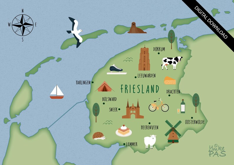 Illustrated Map of Friesland Art Print Poster Travel Map Digital Download - Etsy Australia