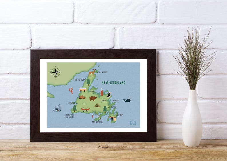 Illustrated Map of Newfoundland Art Print Poster Travel Map Digital Download - Etsy