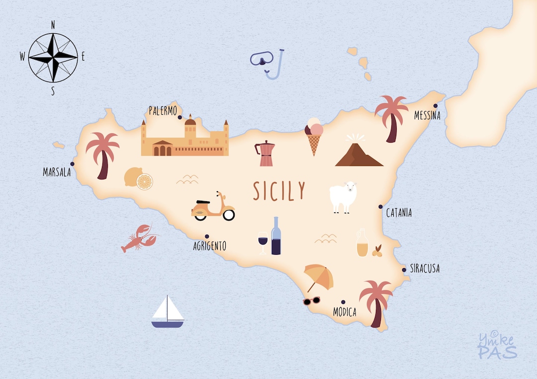Illustrated Map of Sicily Art Print Poster Travel Map - Etsy