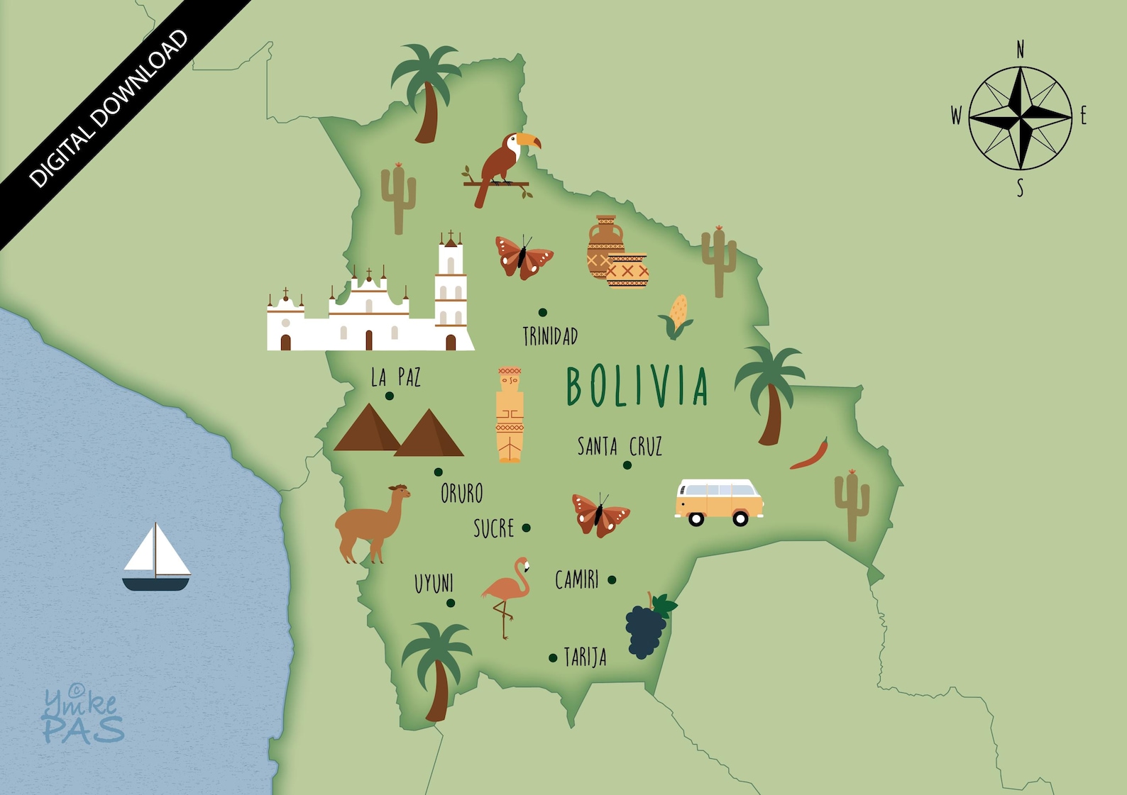 Illustrated Map of Bolivia Art Print Poster Travel Map Digital Download ...