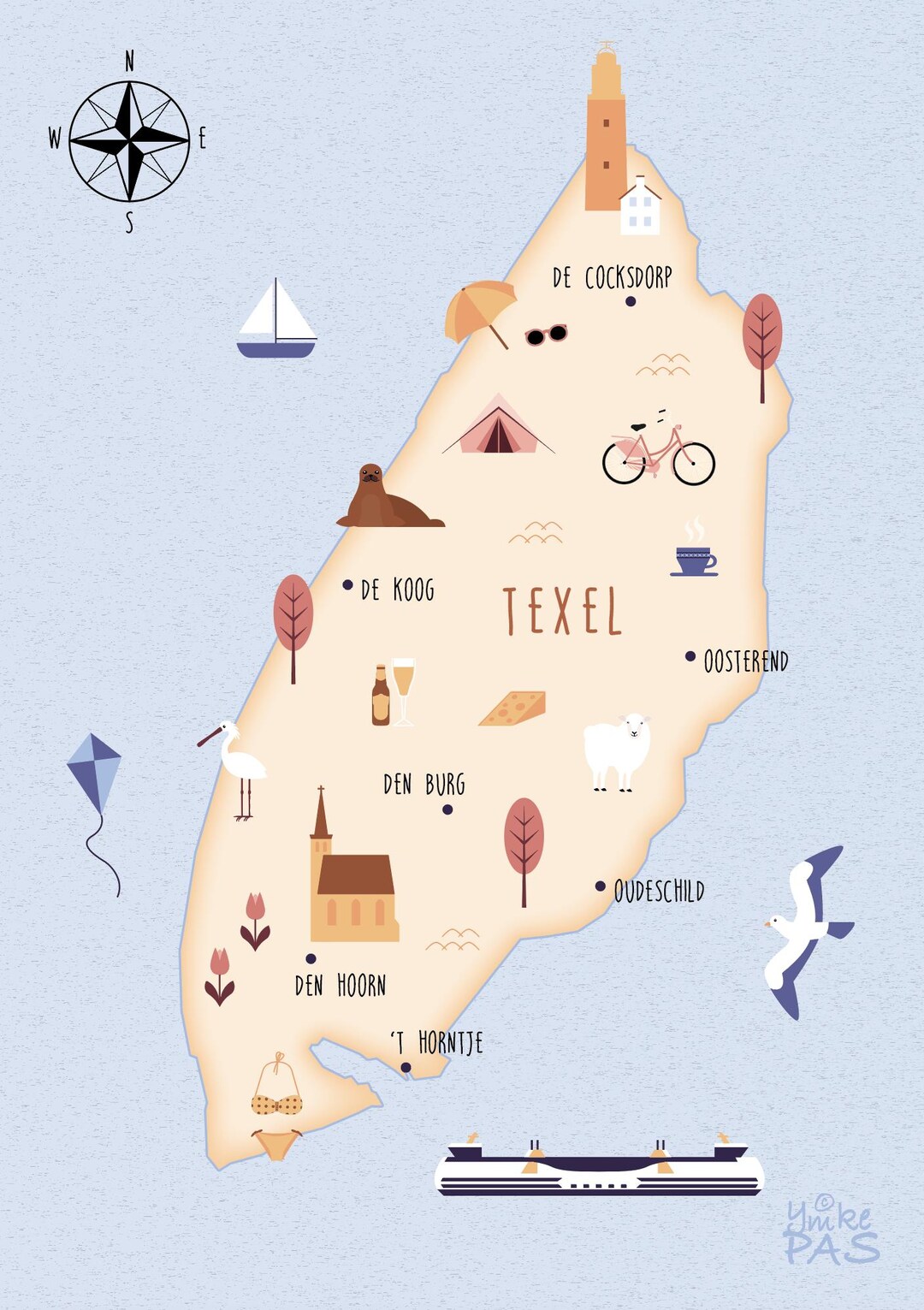 Texel Postcard, Pack of 5 Postcards A6, Illustrated Map of Texel - Etsy