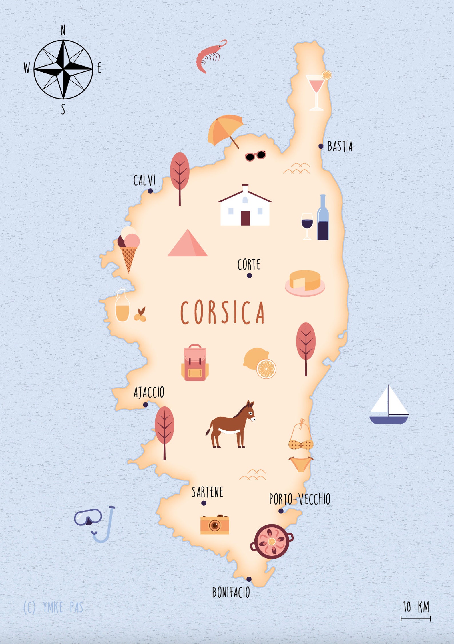 Illustrated Map of Corsica Art Print Poster Travel Map Digital Download ...