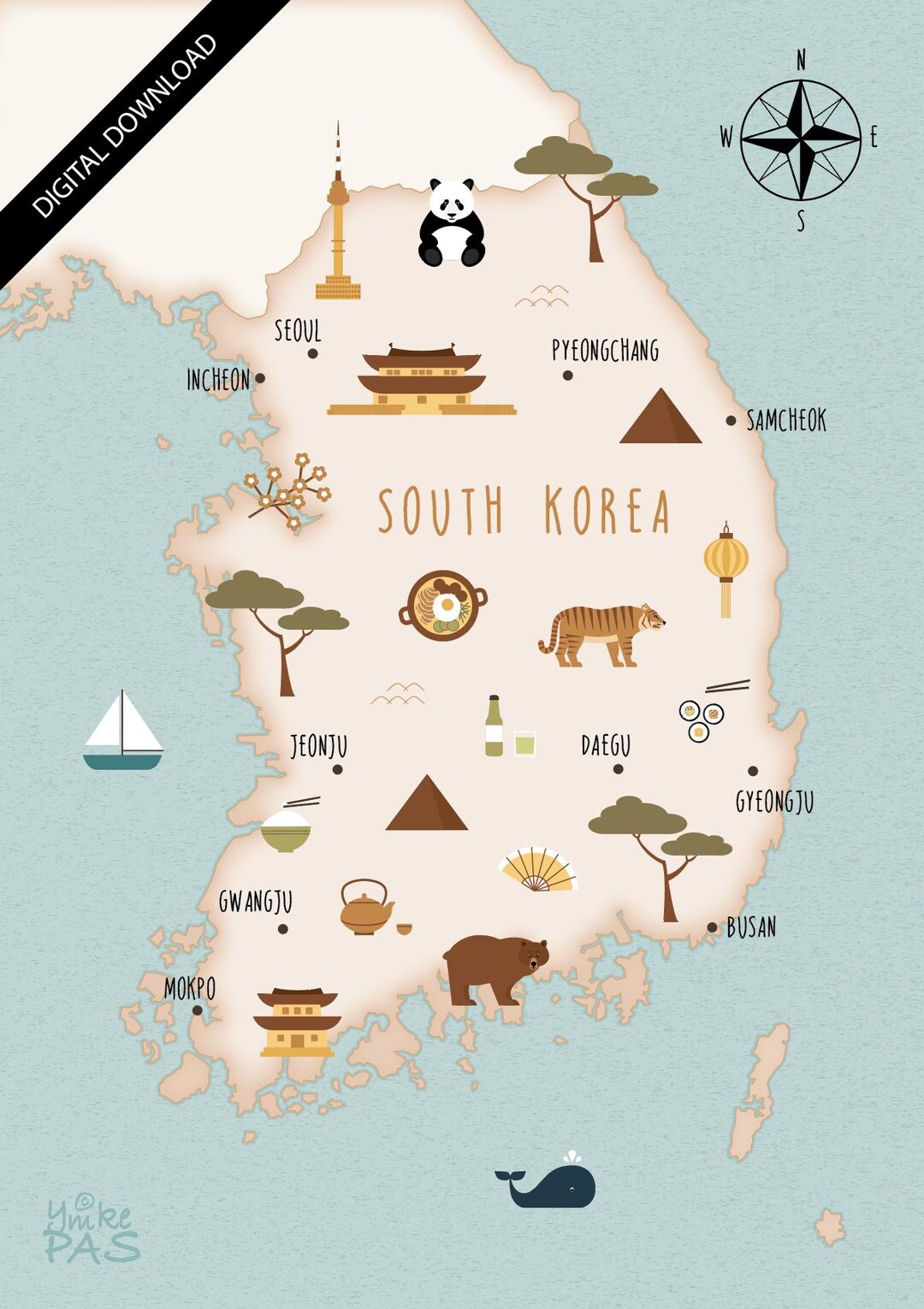Illustrated Map of South Korea Art Print Poster Travel Map Digital ...