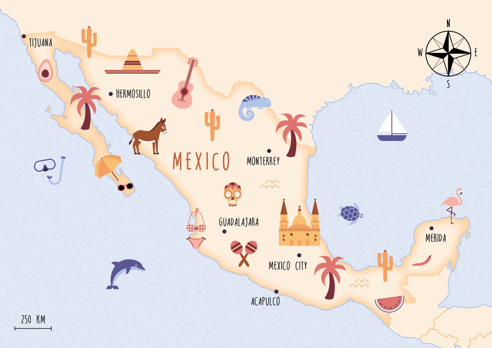 Illustrated Map of Mexico Art Print Poster Travel Map Digital - Etsy