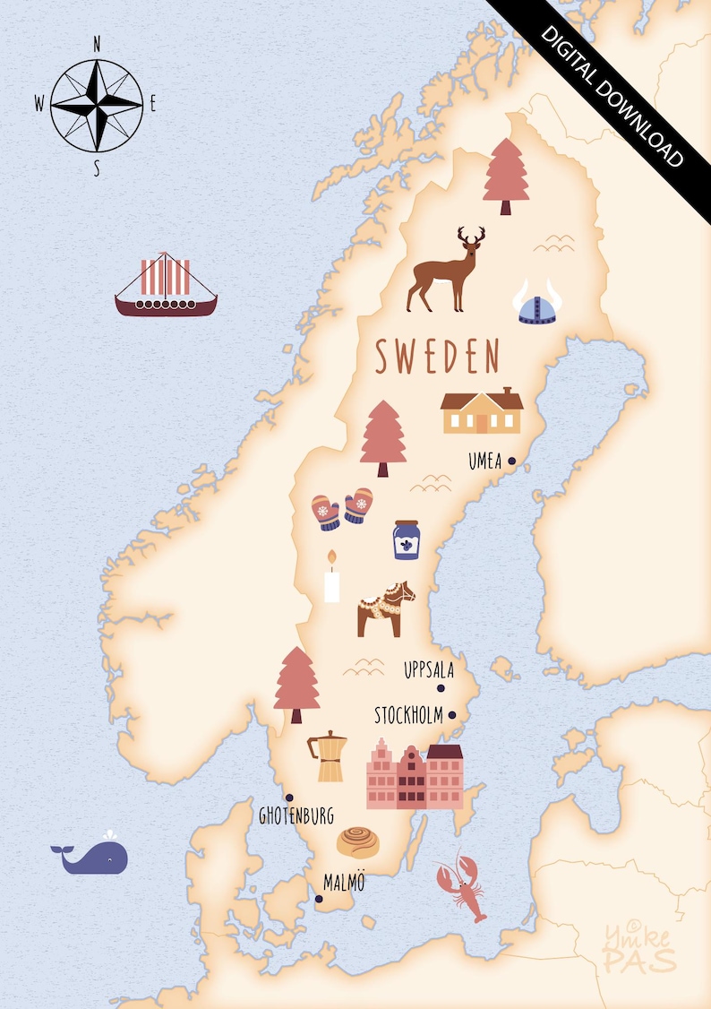 Illustrated Map of Sweden Art Print Poster Travel Map Digital Download ...