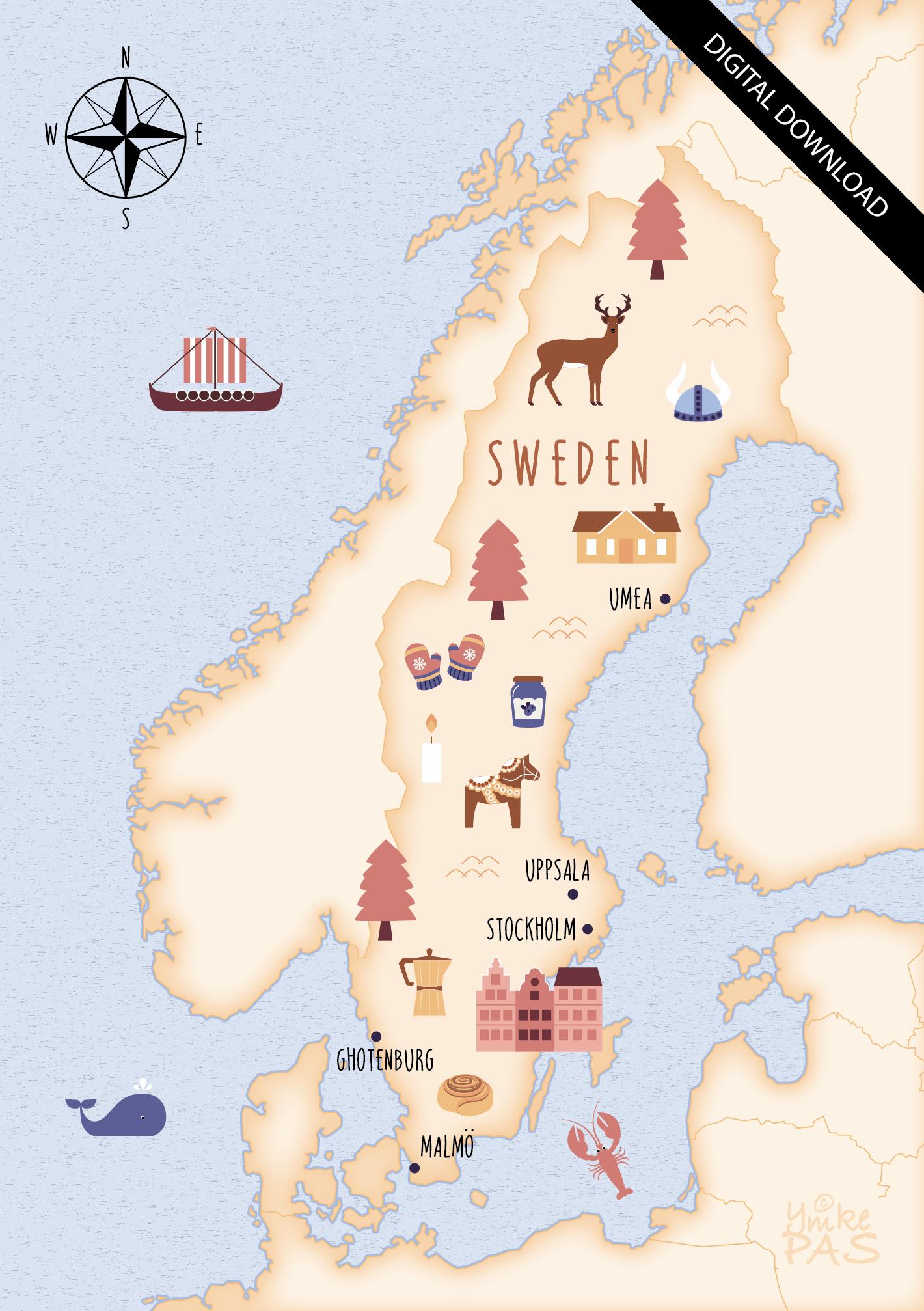 Illustrated Map of Sweden Art Print Poster Travel Map Digital Download ...