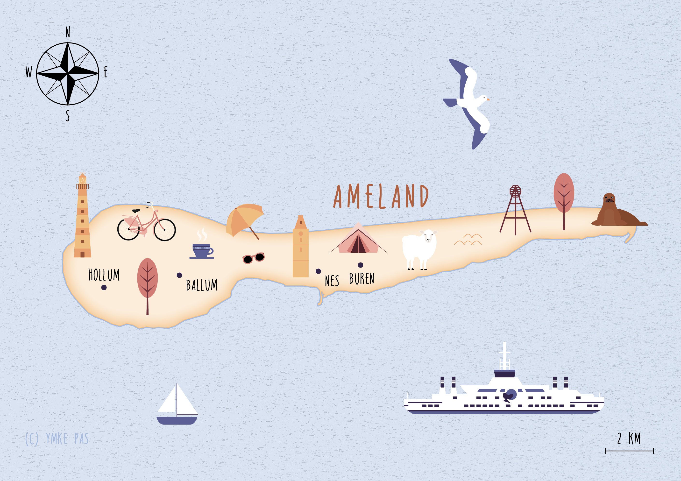 Illustrated Map of Ameland Art Print Poster Travel Map Digital Download ...