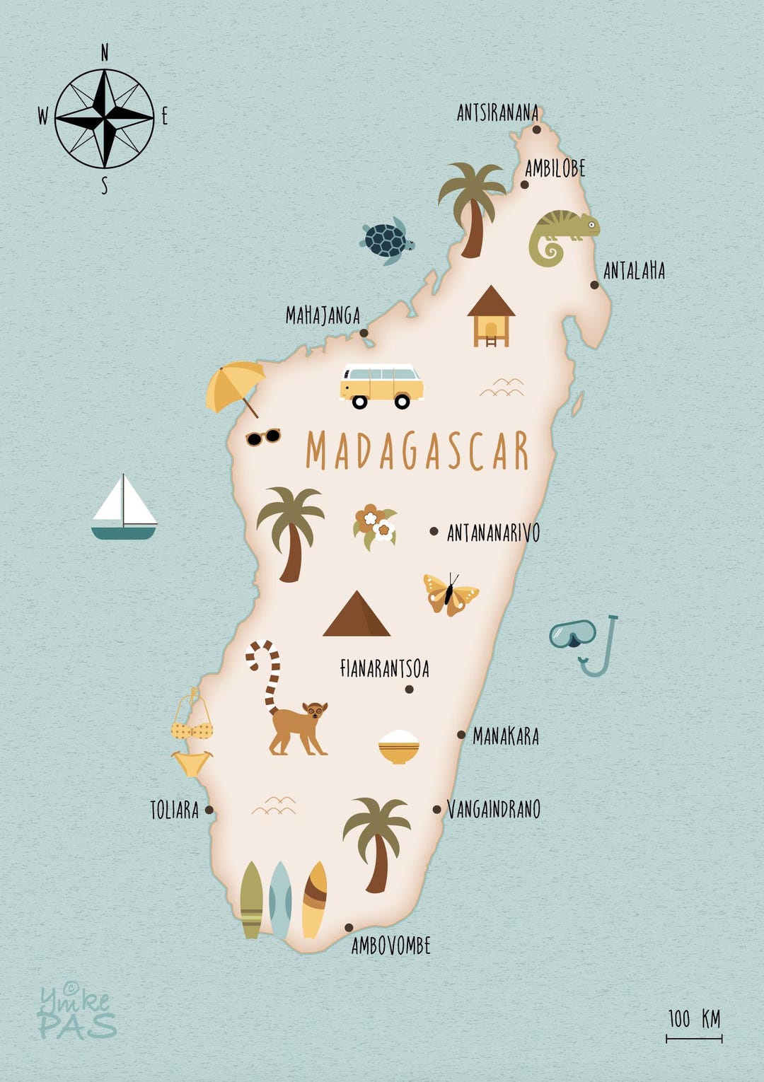 Illustrated Map of Madagascar Art Print Poster Travel Map Digital ...