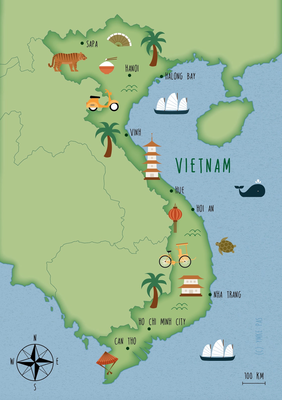 Illustrated Map of Vietnam Art Print Poster Travel Map Digital Download ...