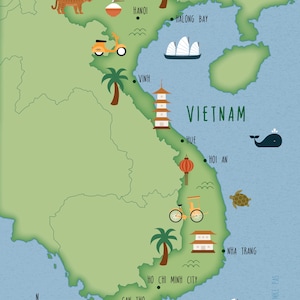 Illustrated Map of Vietnam Art Print Poster Travel Map Digital Download ...