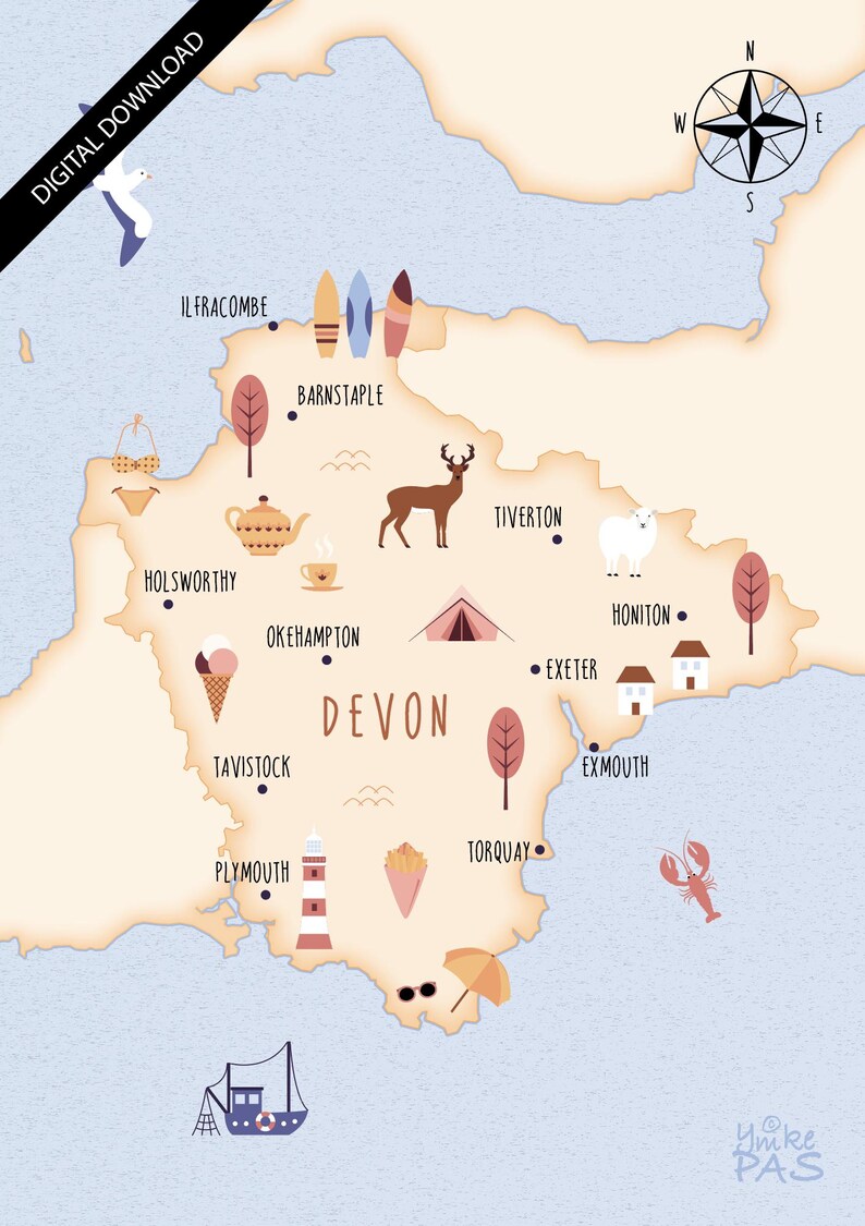 Illustrated Map of Devon Art Print Poster Travel Map Digital Download ...
