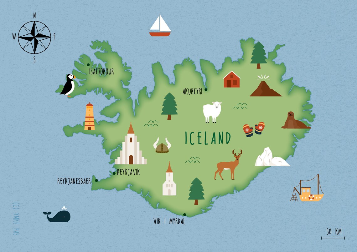 Illustrated Map of Iceland Art Print Poster Travel Map Digital Download ...
