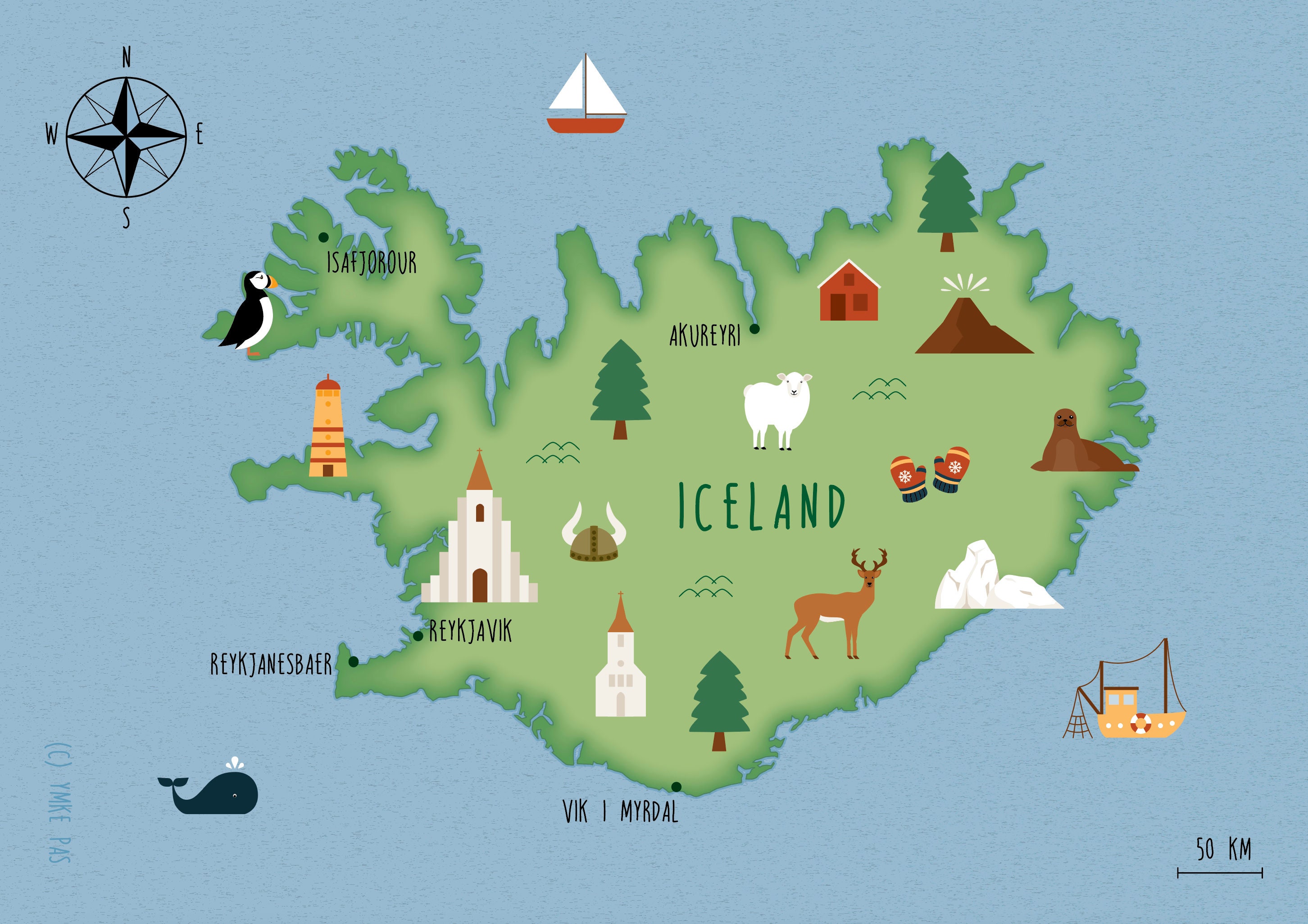 Illustrated Map of Iceland Art Print Poster Travel Map Digital Download ...