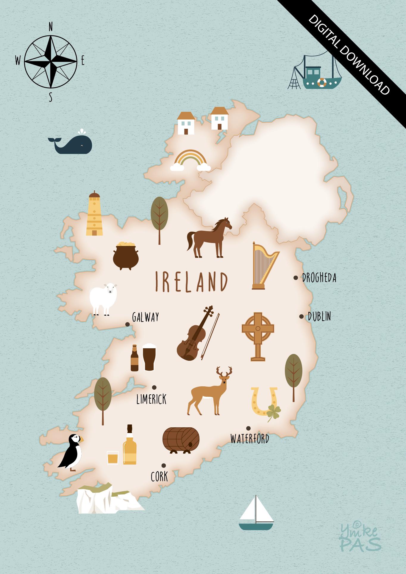 Illustrated Map of Ireland Art Print Poster Travel Map Digital Download ...