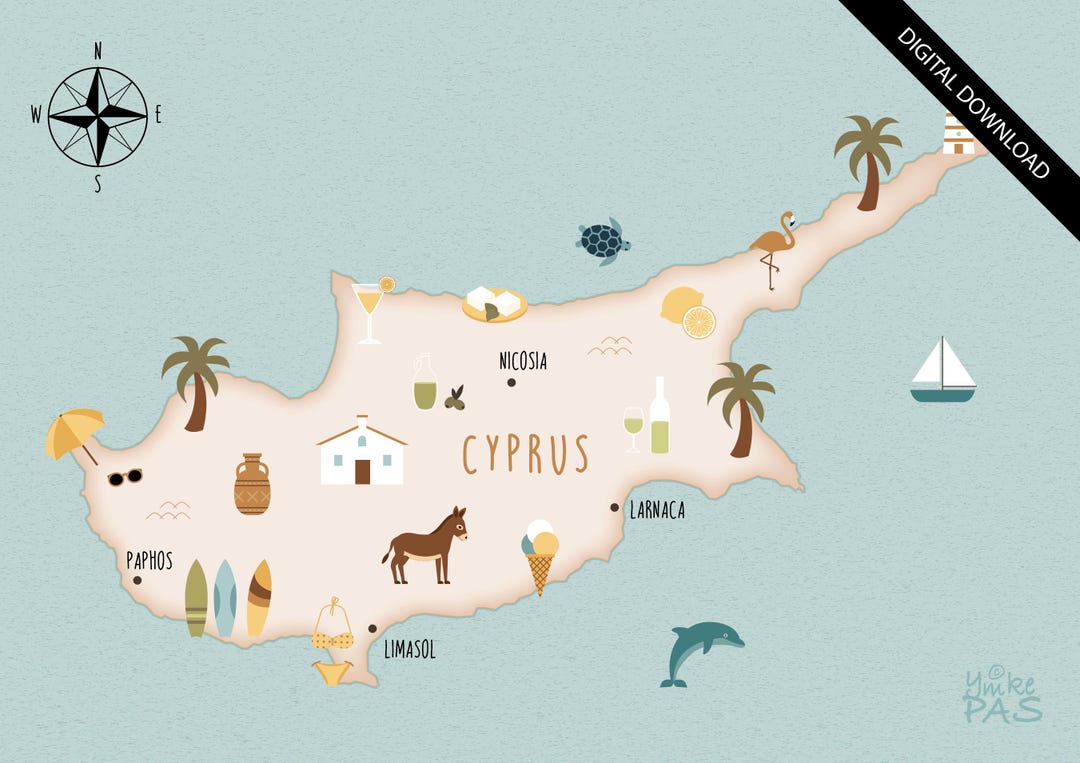 Illustrated Map of Cyprus Art Print Poster Travel Map Digital Download ...