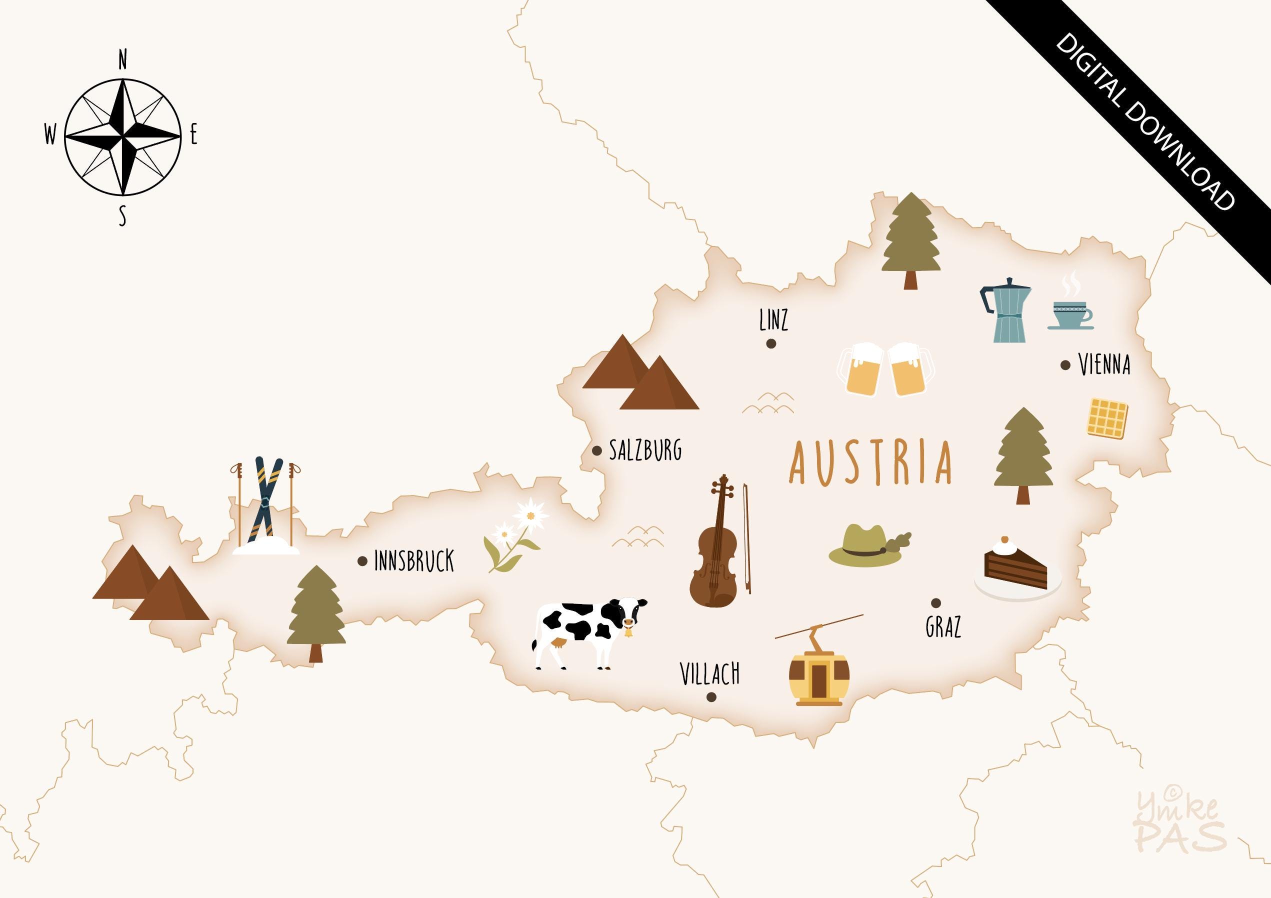 Illustrated Map of Austria Art Print Poster Travel Map Digital Download ...