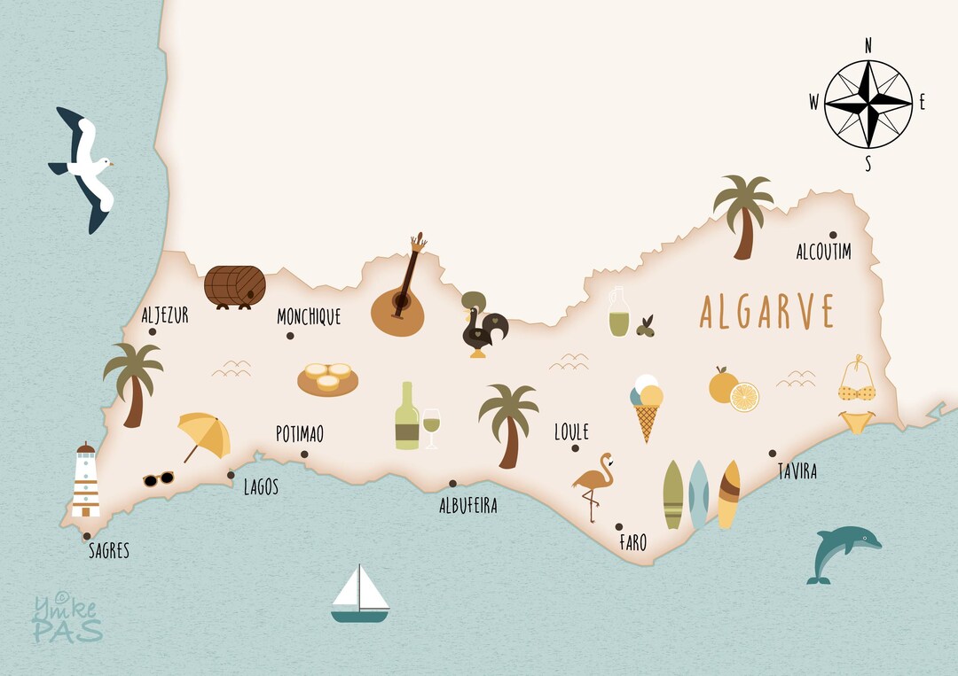Illustrated Map of Algarve Art Print Poster Travel Map - Etsy