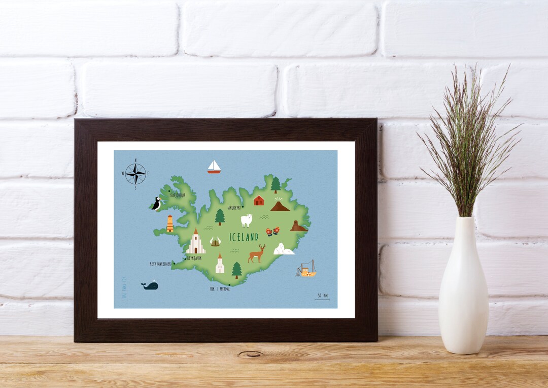 Illustrated Map of Iceland Art Print Poster Travel Map Digital Download ...