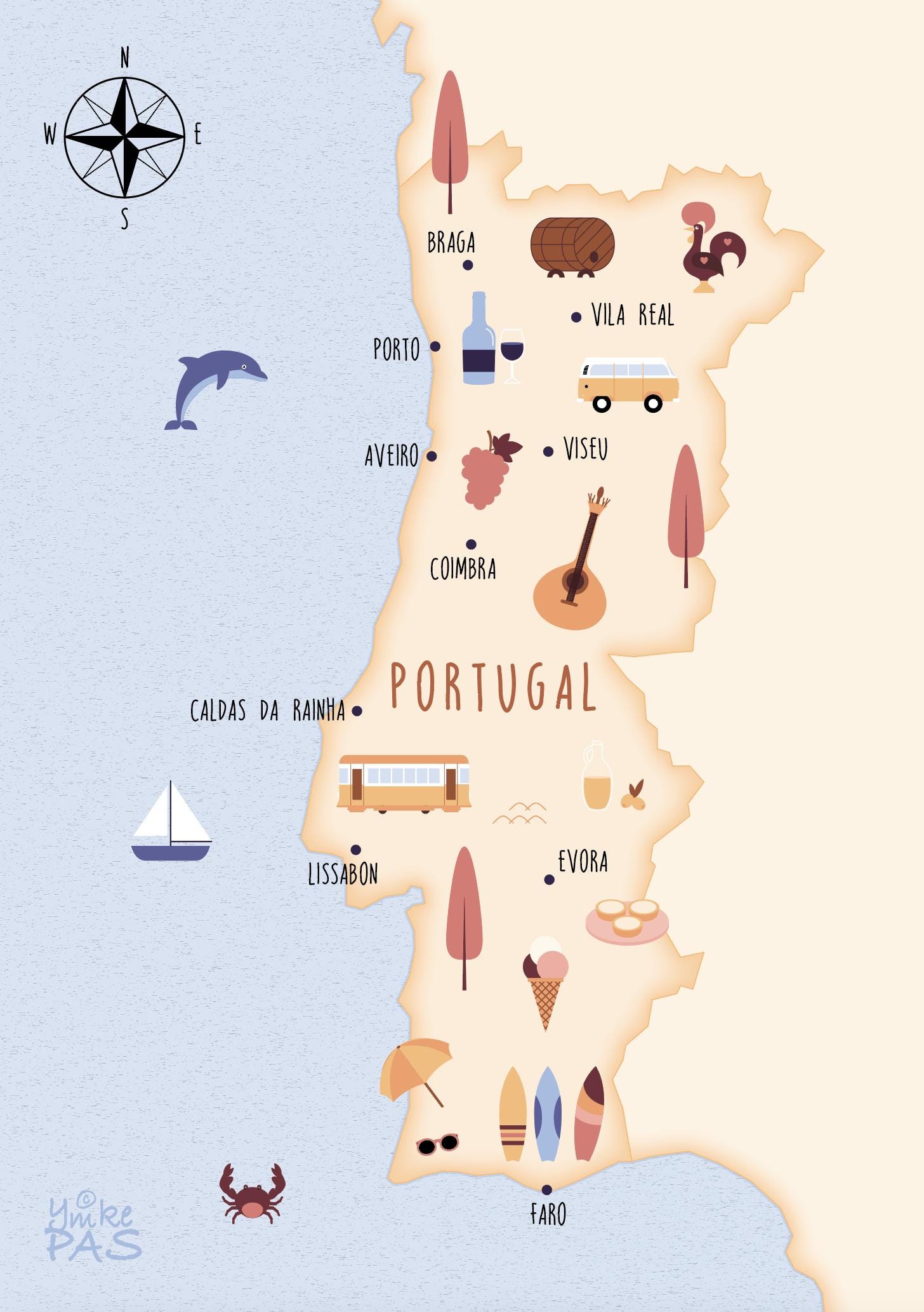 Illustrated Map of Portugal Art Print Poster Travel Map - Etsy