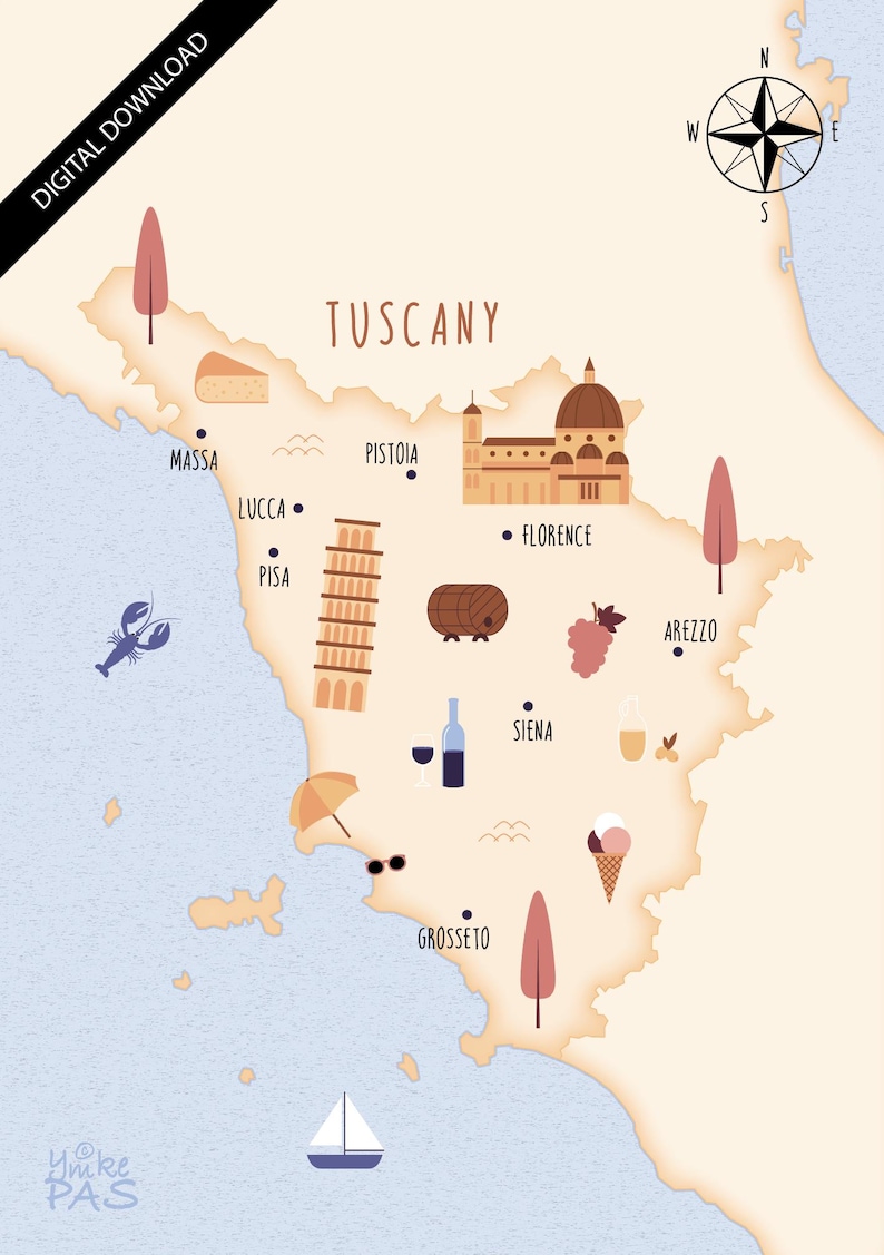Illustrated Map of Tuscany Art Print Poster Travel Map Digital Download ...