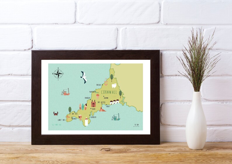 Illustrated Map of Cornwall Art Print Poster Travel Map Digital ...