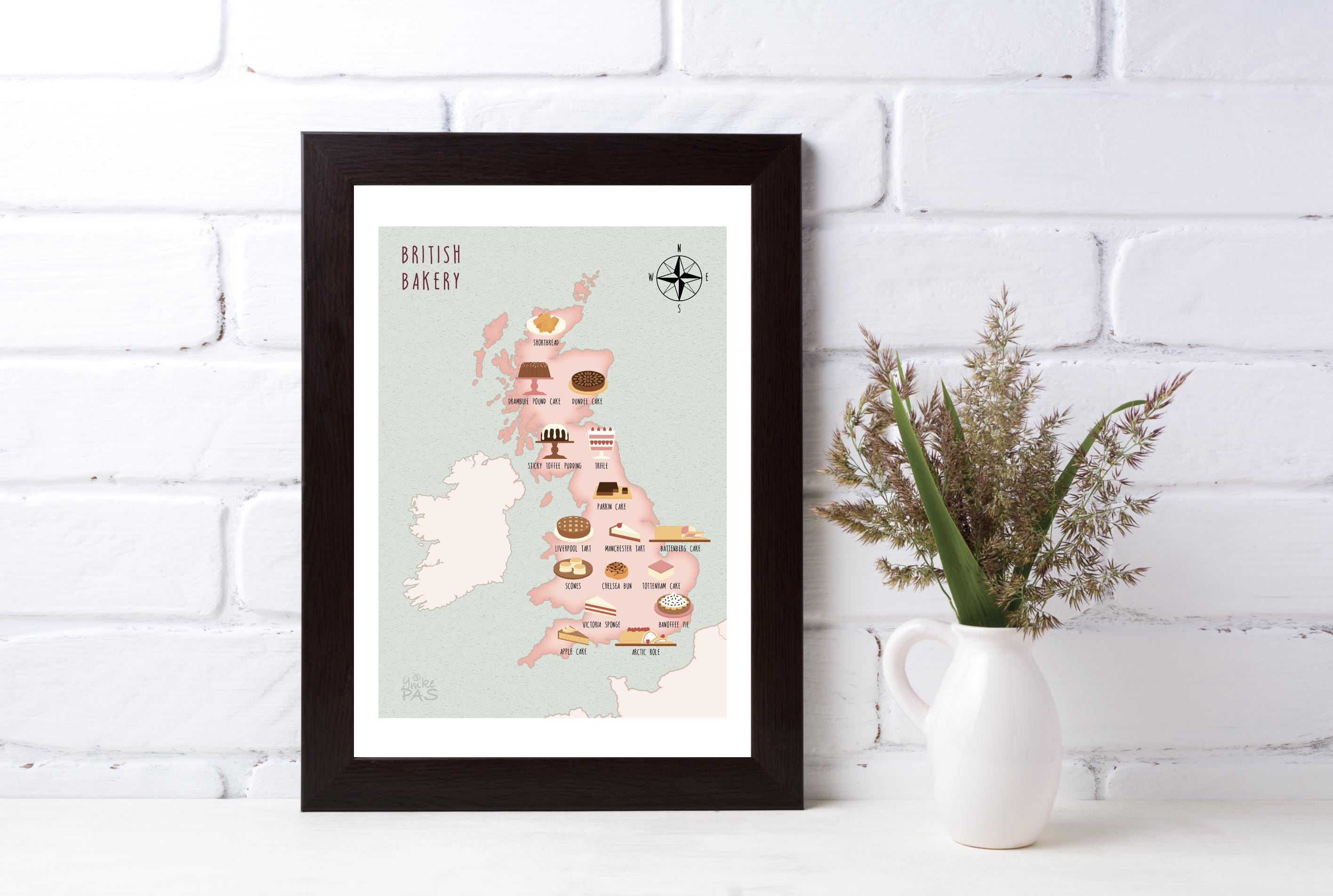 Illustrated Map of Britain, British Bakery, Food, Cake, Cookie, Pie ...