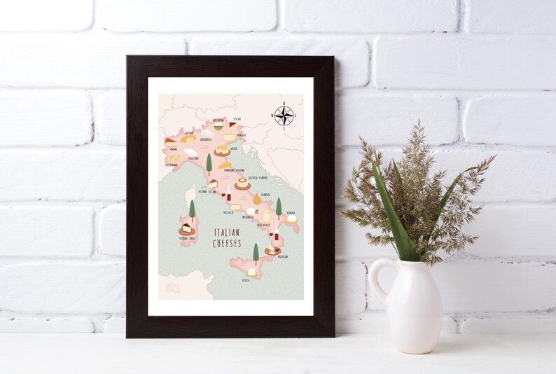 Illustrated Map of Italy, Italian Cheeses, Food, Art Print, Poster ...