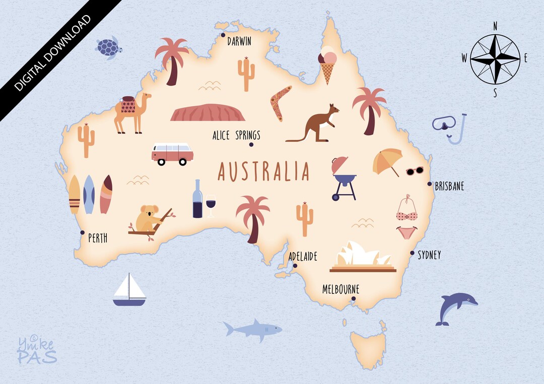 Illustrated Map of Australia Art Print Poster Travel Map Digital ...