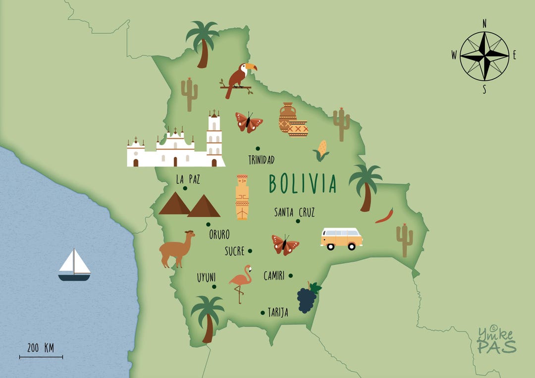 Illustrated Map of Bolivia Art Print Poster Travel Map Digital Download ...