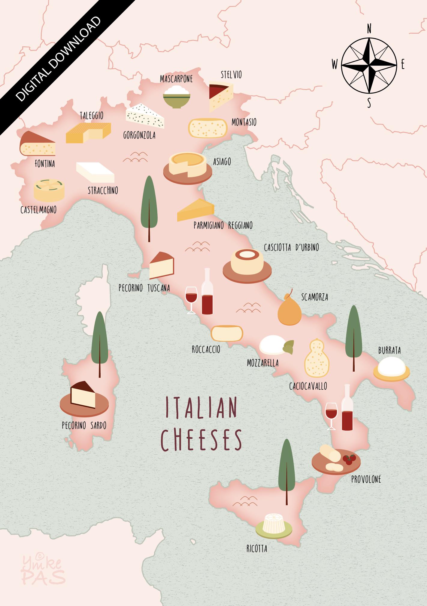 Illustrated Map of Italy, Italian Cheeses, Food, Art Print, Poster ...
