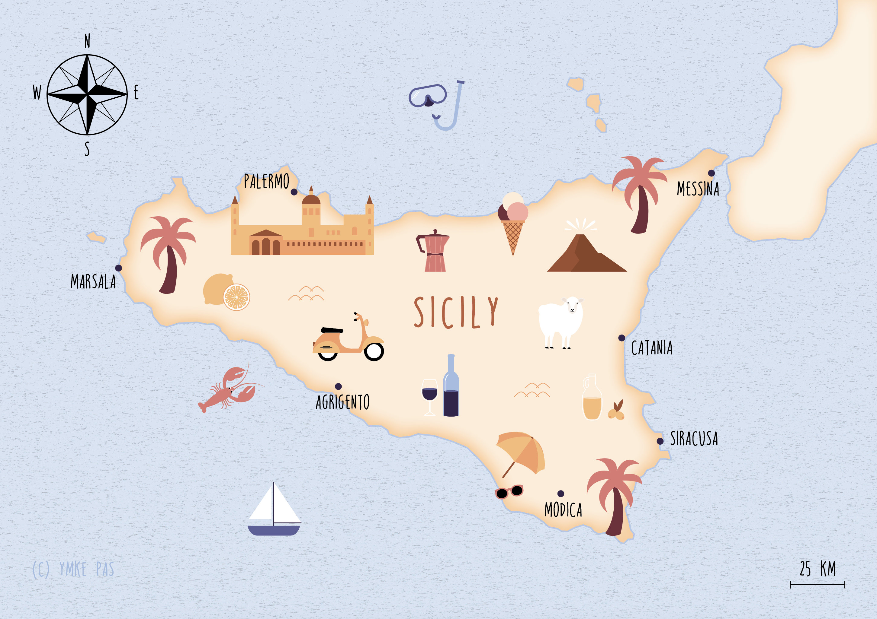 Illustrated Map of Sicily Art Print Poster Travel Map Digital Download ...