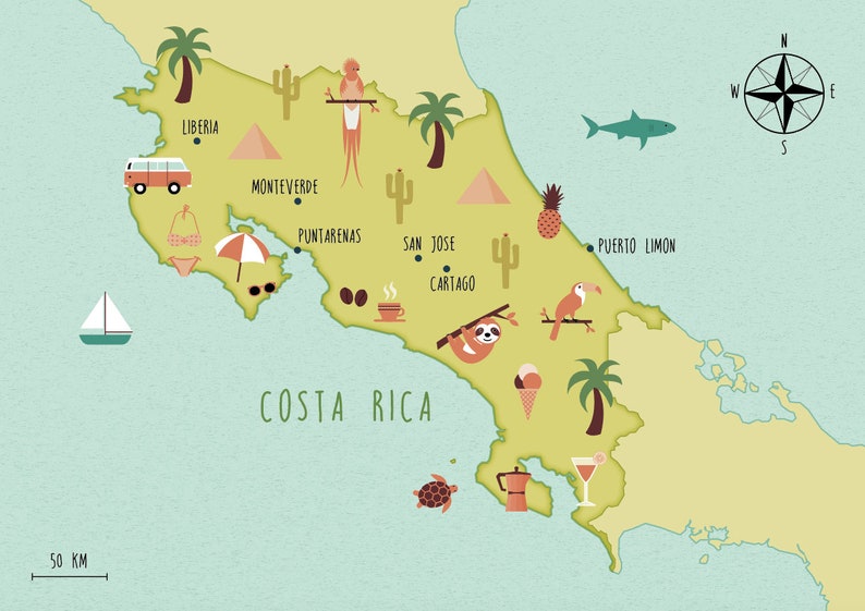 Illustrated Map of Costa Rica Art Print Poster Travel Map - Etsy
