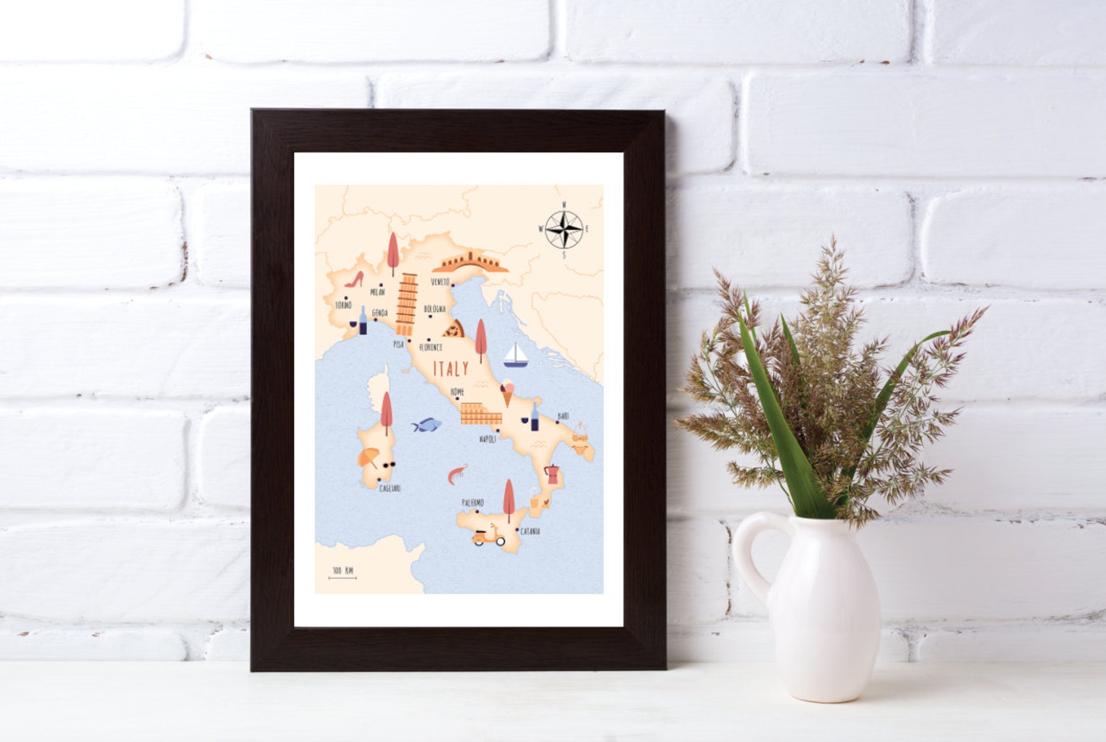 Illustrated map of Italy art print poster travel map digital | Etsy