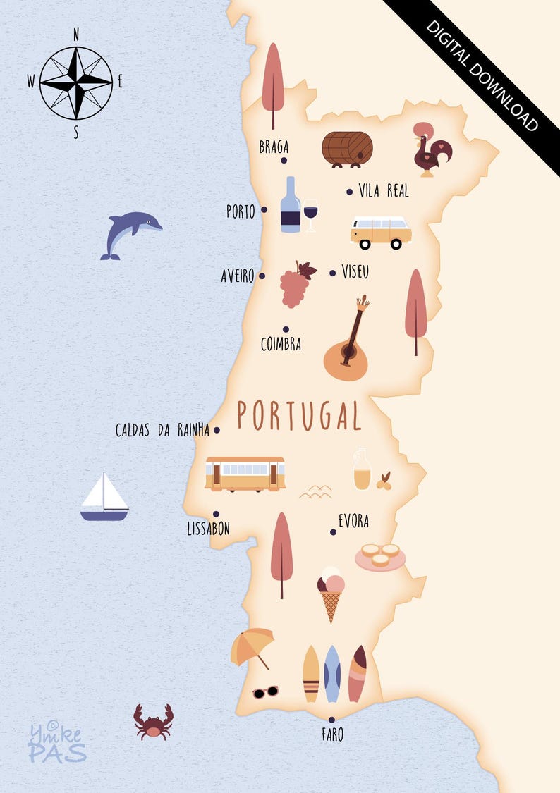 Illustrated Map of Portugal Art Print Poster Travel Map Digital ...