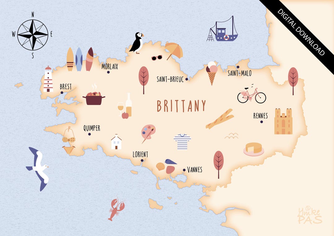 Illustrated Map of Brittany Art Print Poster Travel Map Digital ...