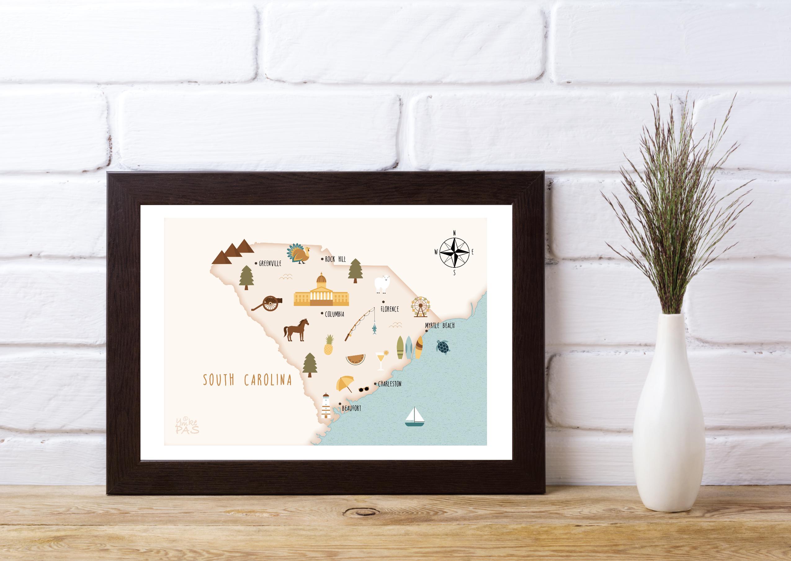 Illustrated Map of South Carolina Art Print Poster Travel Map - Etsy