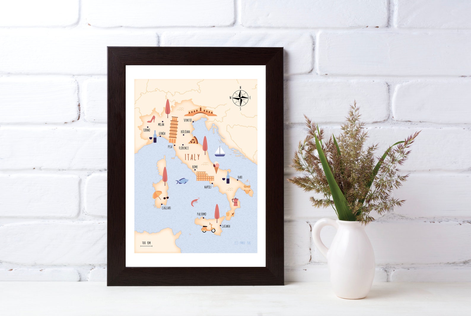 Illustrated Map of Italy Art Print Poster Travel Map Digital Download ...