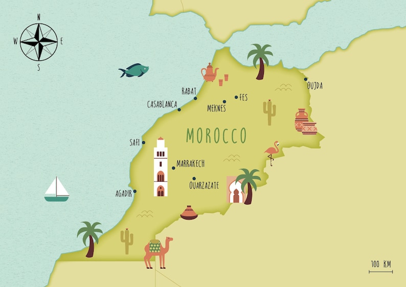 Illustrated Map of Morocco Art Print Poster Travel Map Digital | Etsy