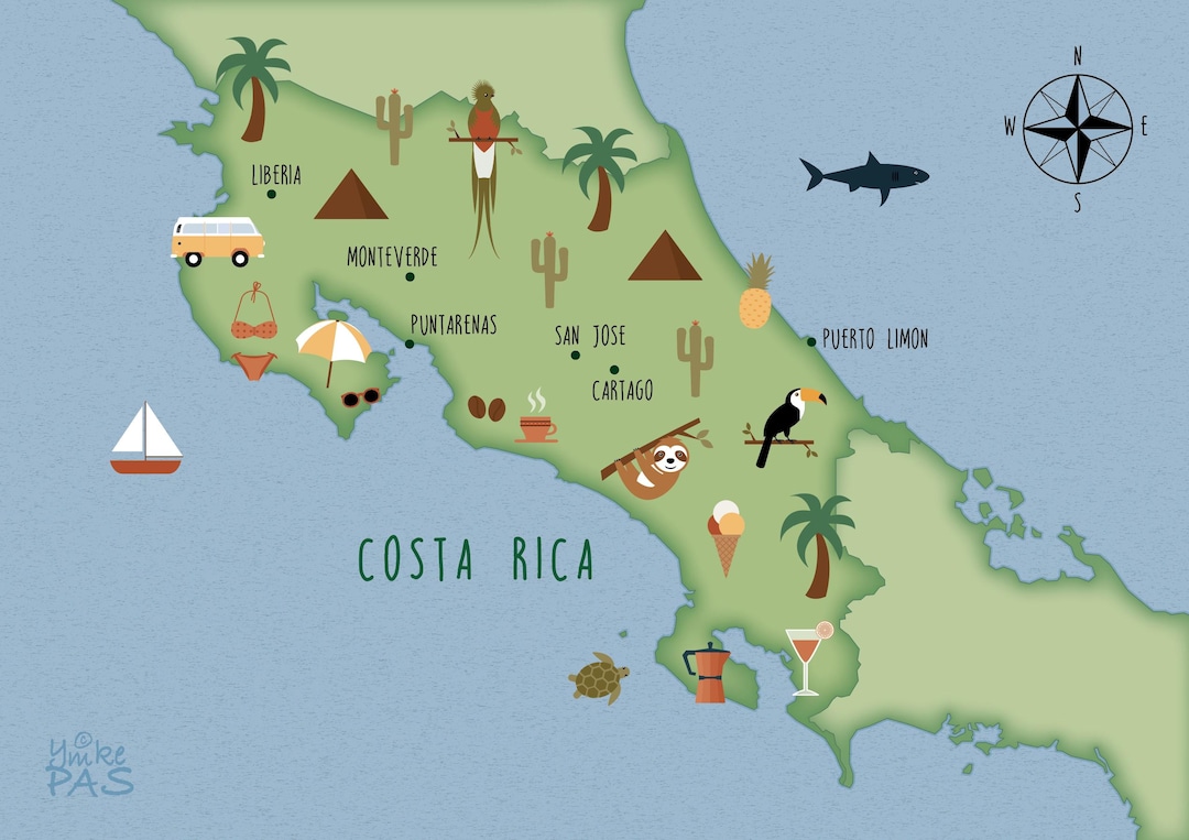 Illustrated Map of Costa Rica Art Print Poster Travel Map - Etsy UK