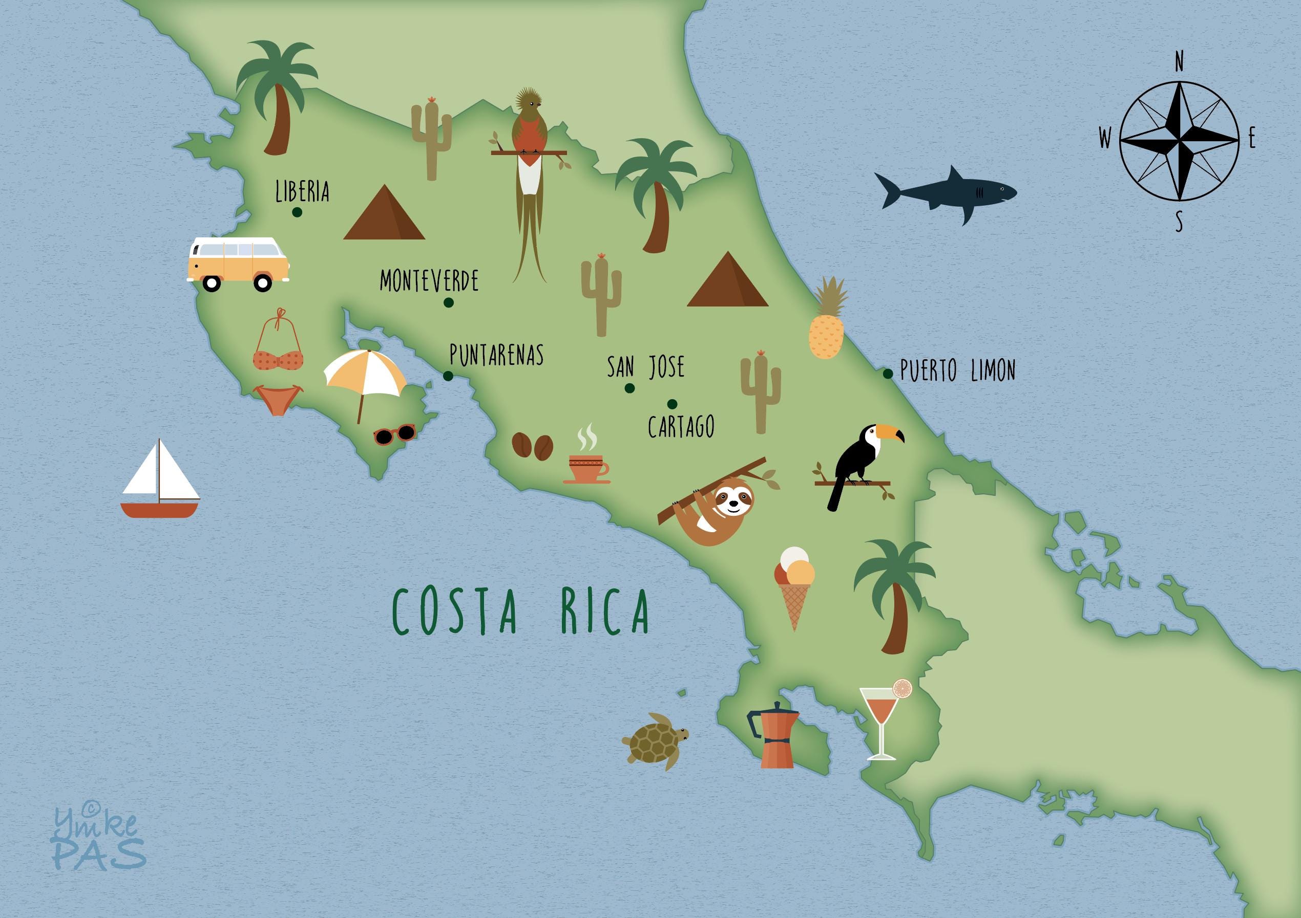 Illustrated Map of Costa Rica Art Print Poster Travel Map - Etsy UK