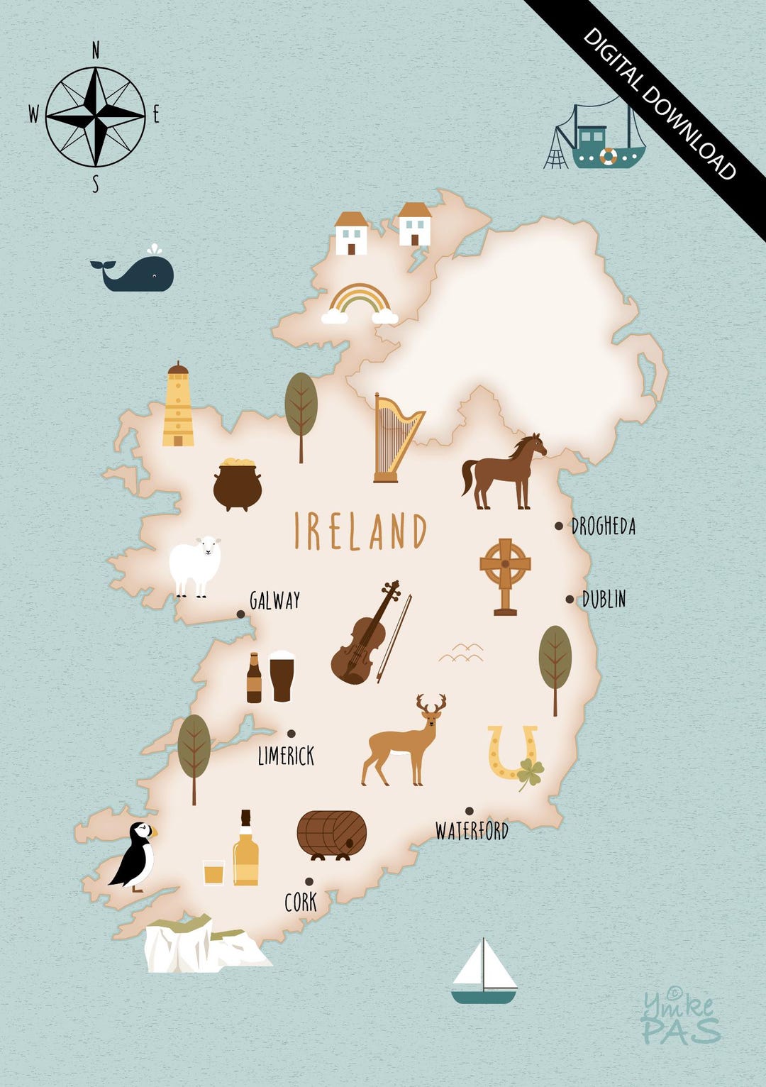 Illustrated Map of Ireland Art Print Poster Travel Map Digital Download ...