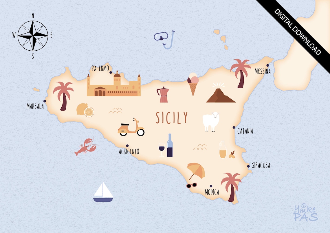 Illustrated Map of Sicily Art Print Poster Travel Map Digital Download ...