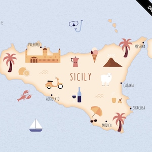 Illustrated Map of Sicily Art Print Poster Travel Map Digital Download ...