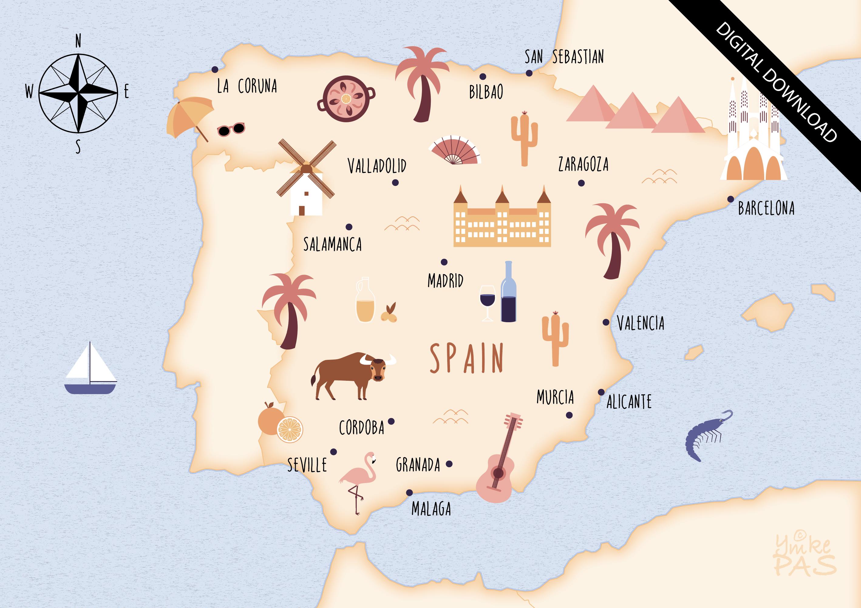 Illustrated Map of Spain Art Print Poster Travel Map Digital Download ...