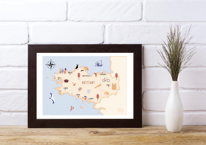 Illustrated Map of Brittany Art Print Poster Travel Map Digital ...