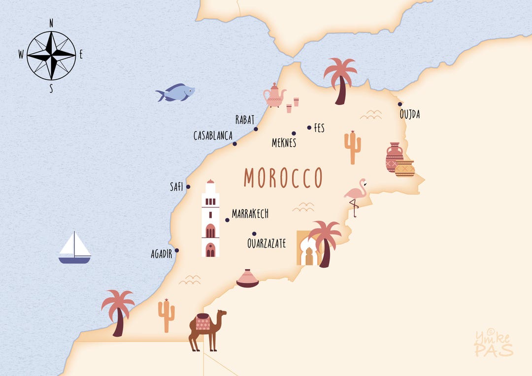 Illustrated Map of Morocco Art Print Poster Travel Map - Etsy