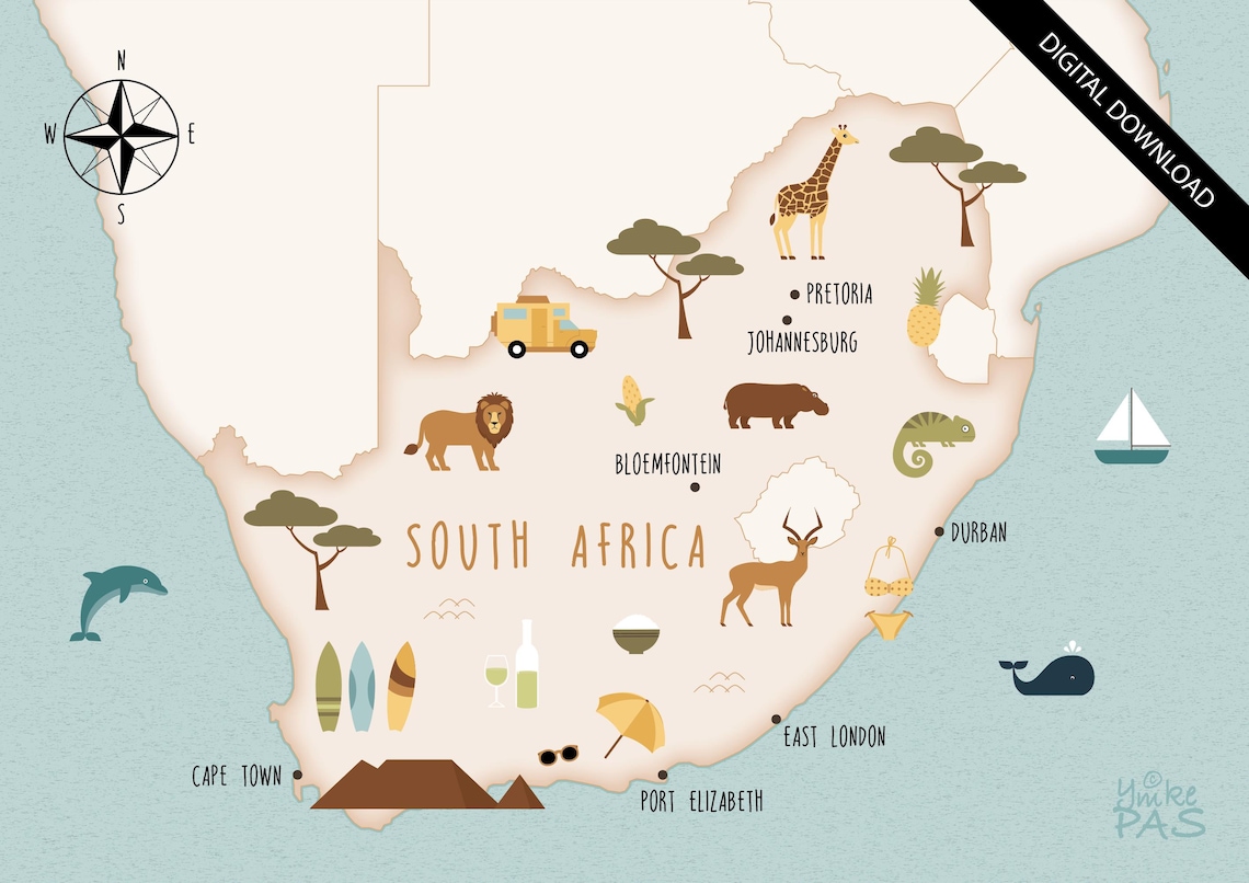 Illustrated Map of South Africa Art Print Poster Travel Map Digital ...