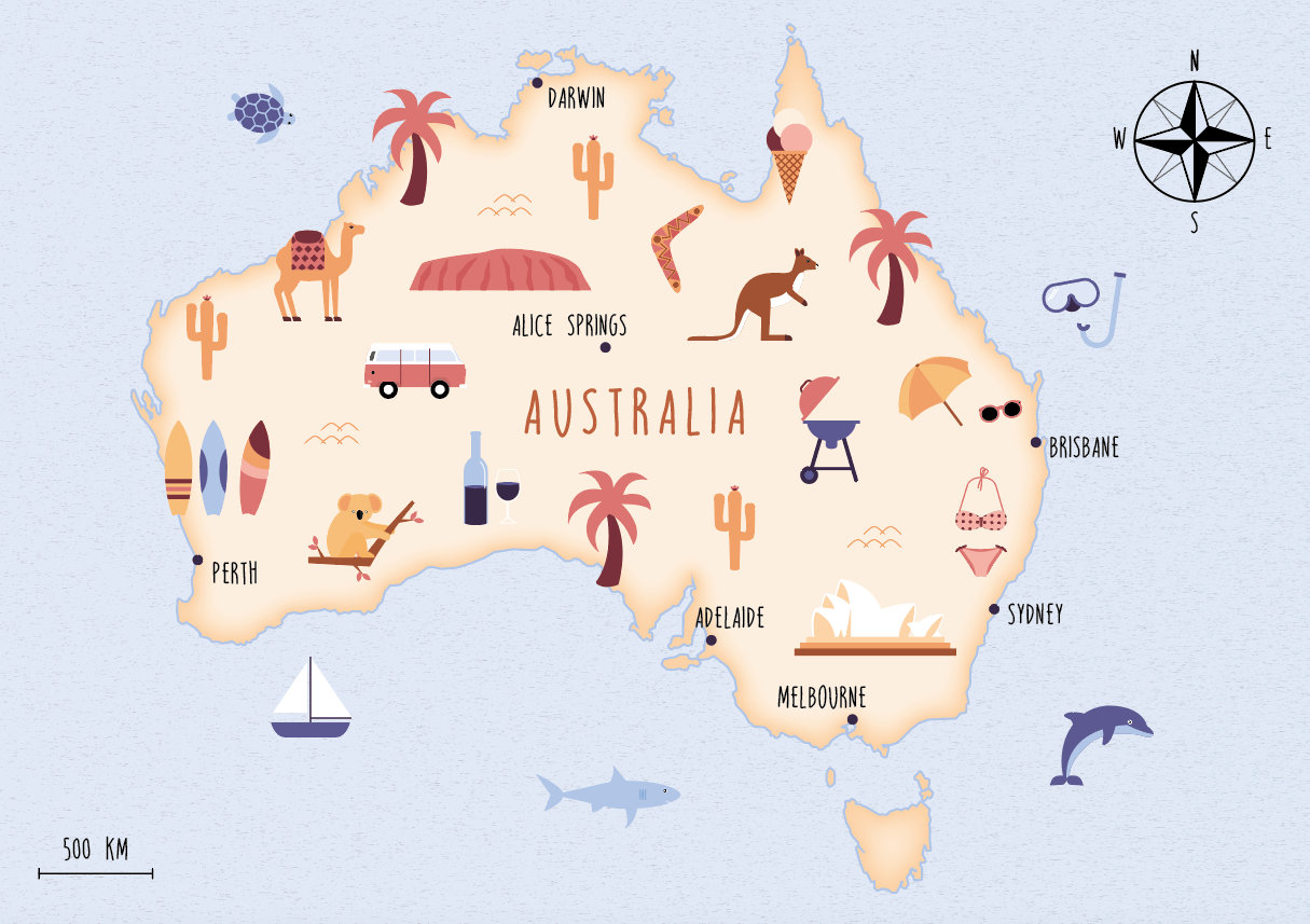 Illustrated map of Australia art print poster travel map - Etsy Nederland